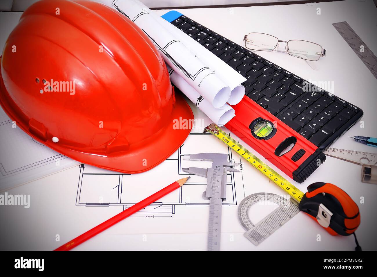 apartment blueprint and tools on desktop, workspace engineer Stock ...