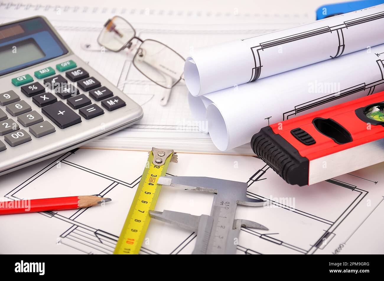 workspace engineer, blueprint and tools on the desktop Stock Photo - Alamy