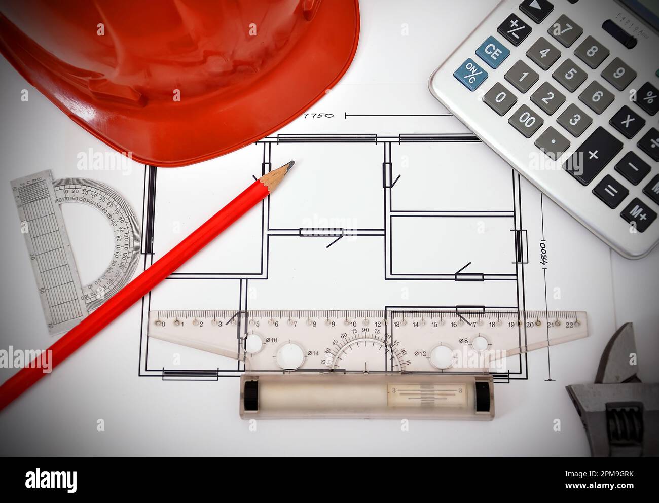 tools and apartment blueprint on desktop, workspace engineer Stock ...