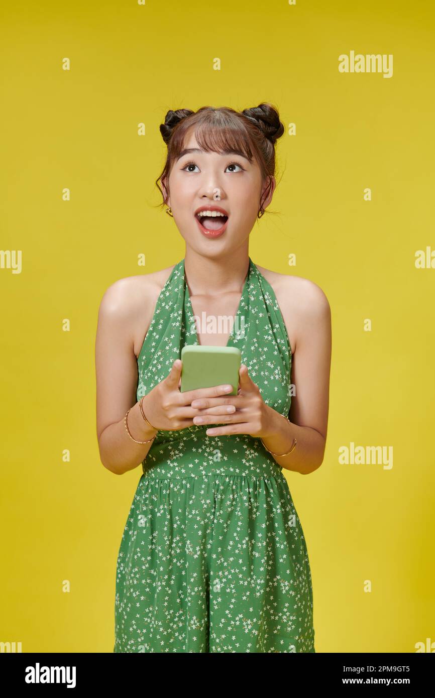 Happy adorable glad woman rejoices success Stock Photo - Alamy