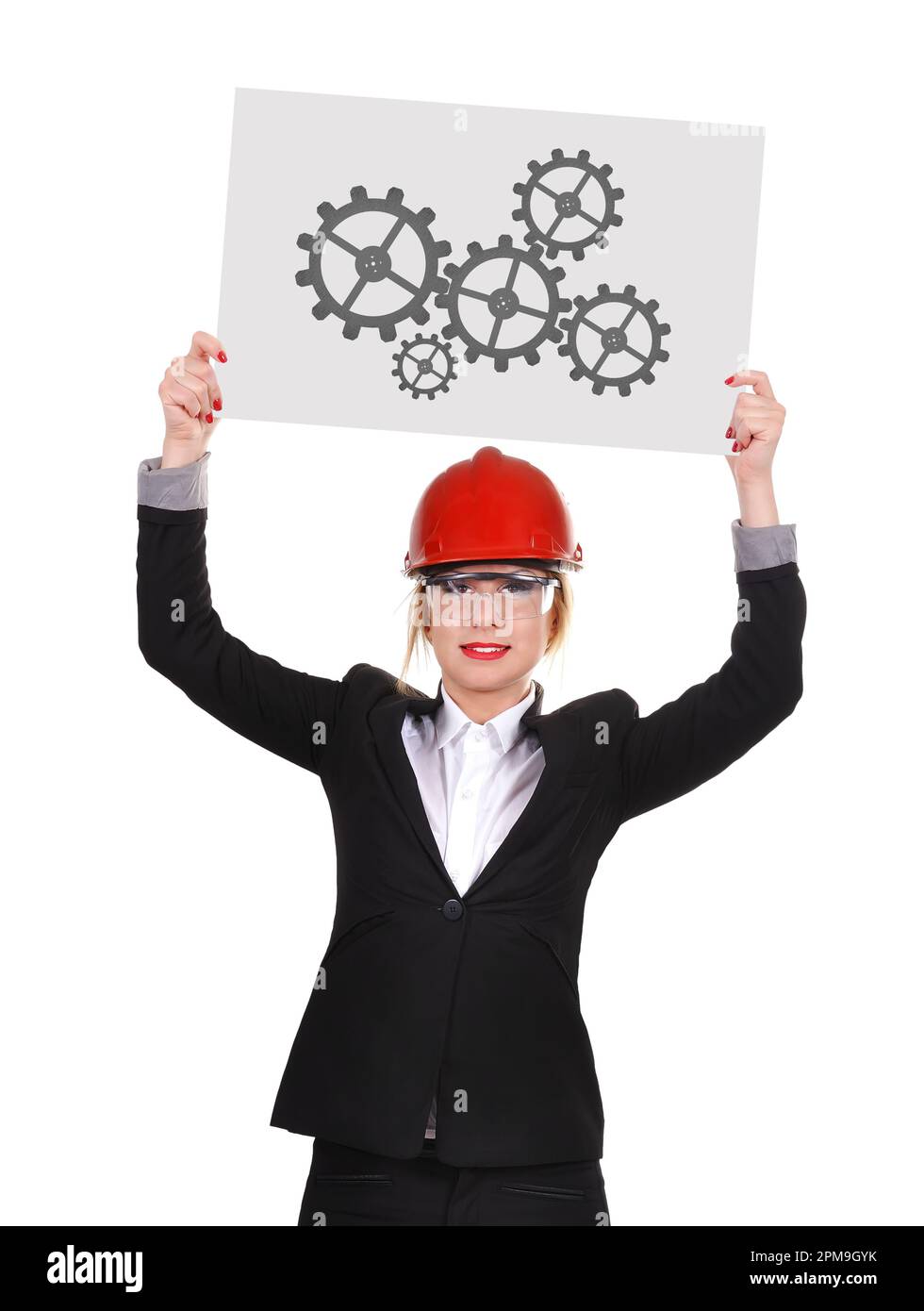 engineer woman holding placard with mechanism Stock Photo - Alamy