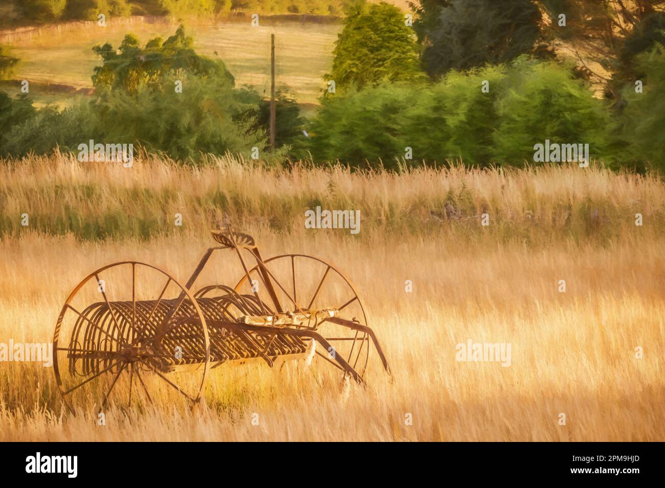 Digital painting of an antique hay rake in a farmers field at sunset in ...