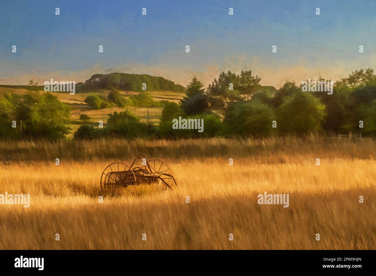 Digital painting of an antique hay rake in a farmers field at sunset in ...