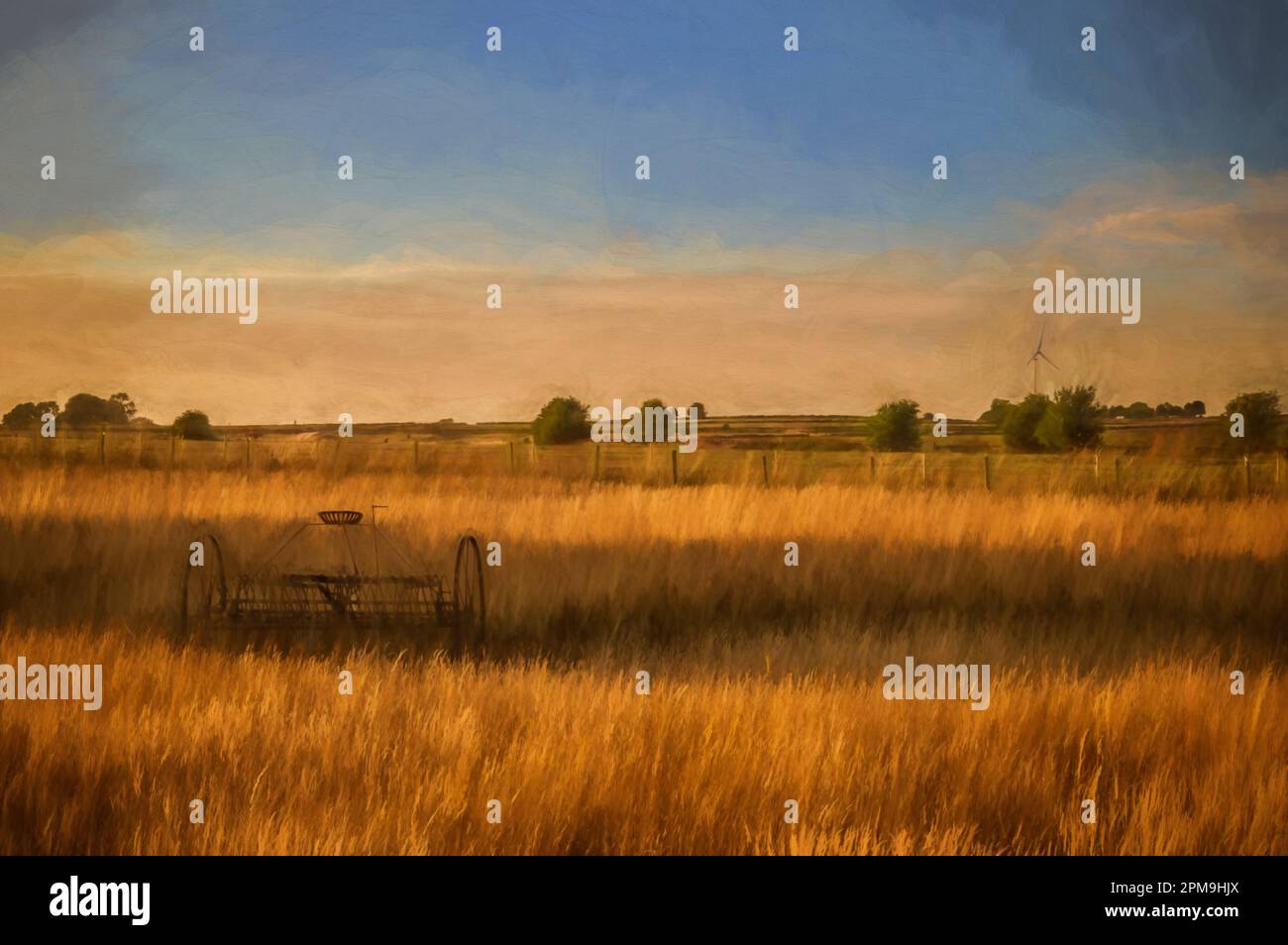 Digital painting of an antique hay rake in a farmers field at sunset in ...