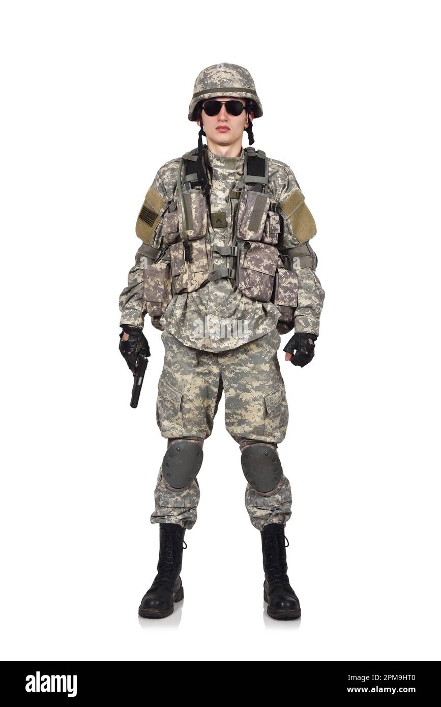 USA soldier with gun standing on a white background Stock Photo - Alamy