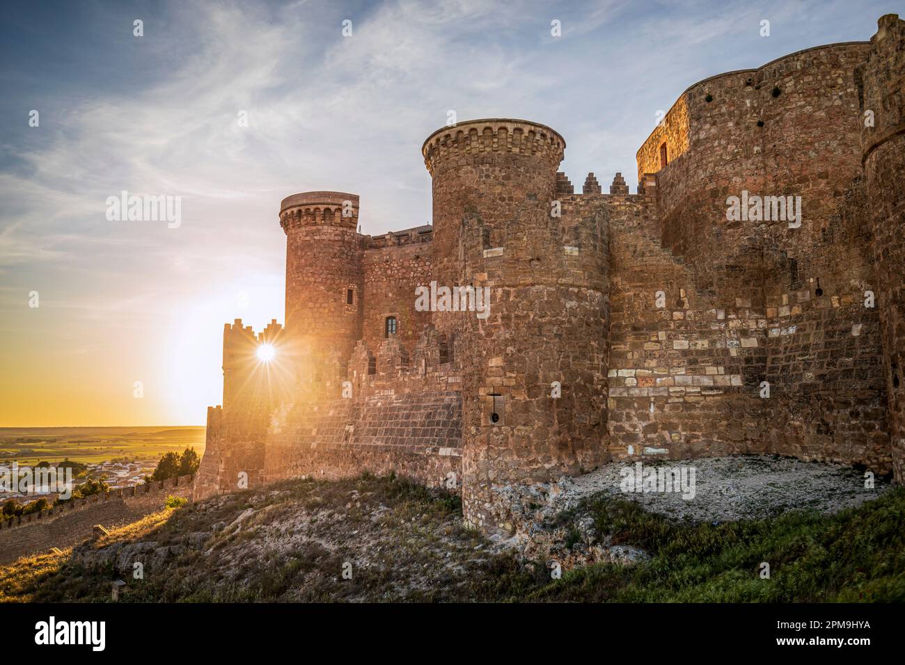 View of the impressive medieval fortress and castle of Belmonte in ...