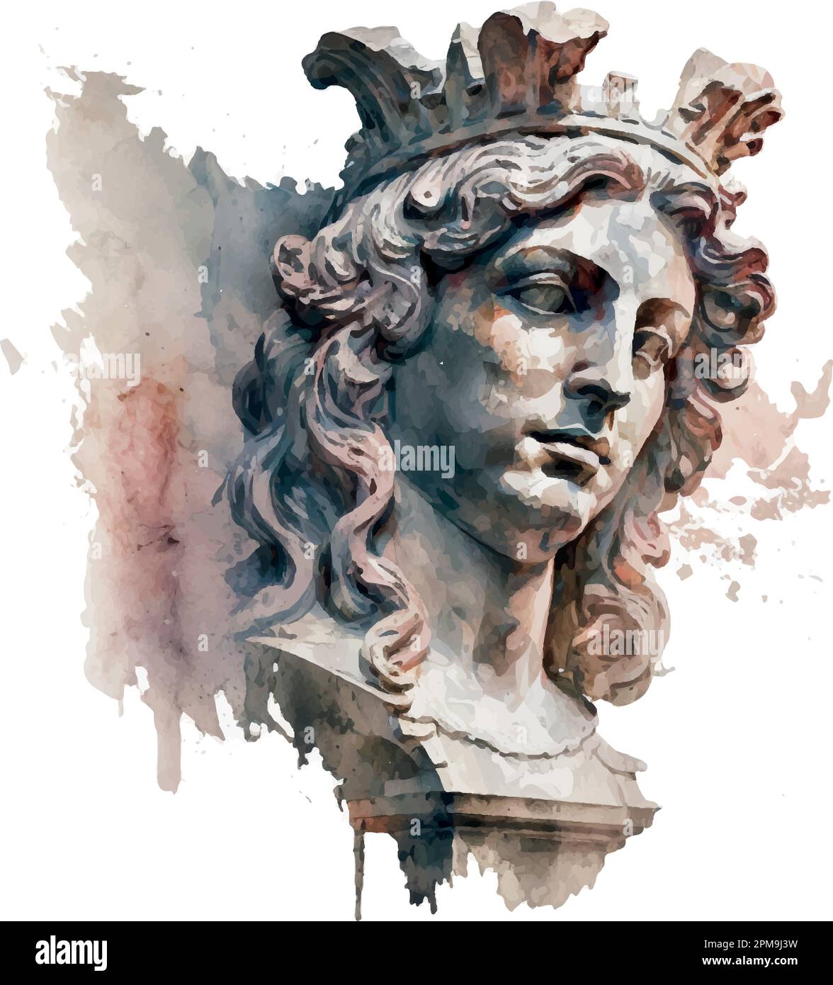 Contemporary art with antique statue head watercolor illustration. Work ...