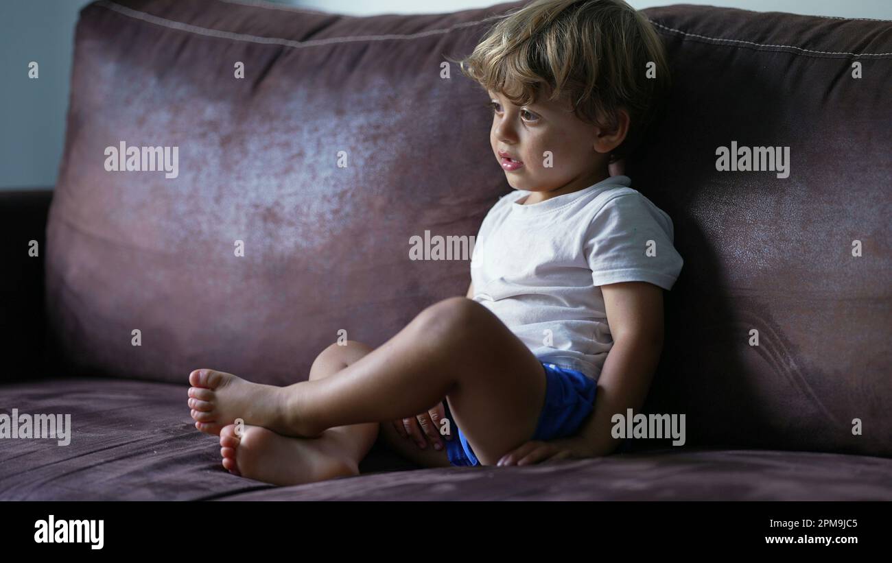 One little boy sitting on couch watching cartoons off camera. Adorable ...
