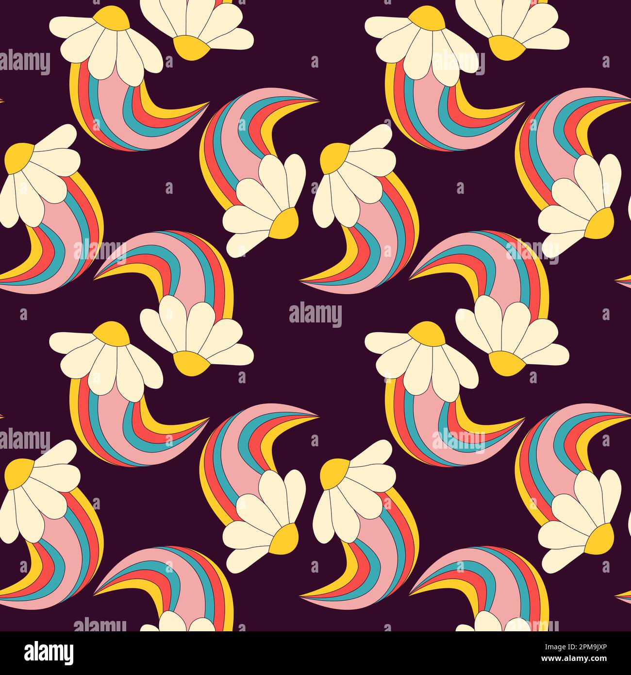 1970 daisy flower rainbow seamless pattern. Groovy hippie retro ...