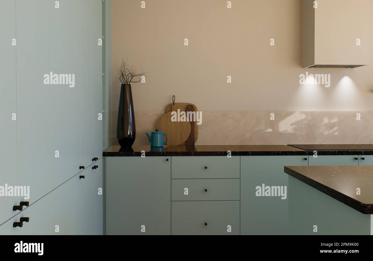 Modern spacious bright kitchen with sunlight and dark accents. 3d ...