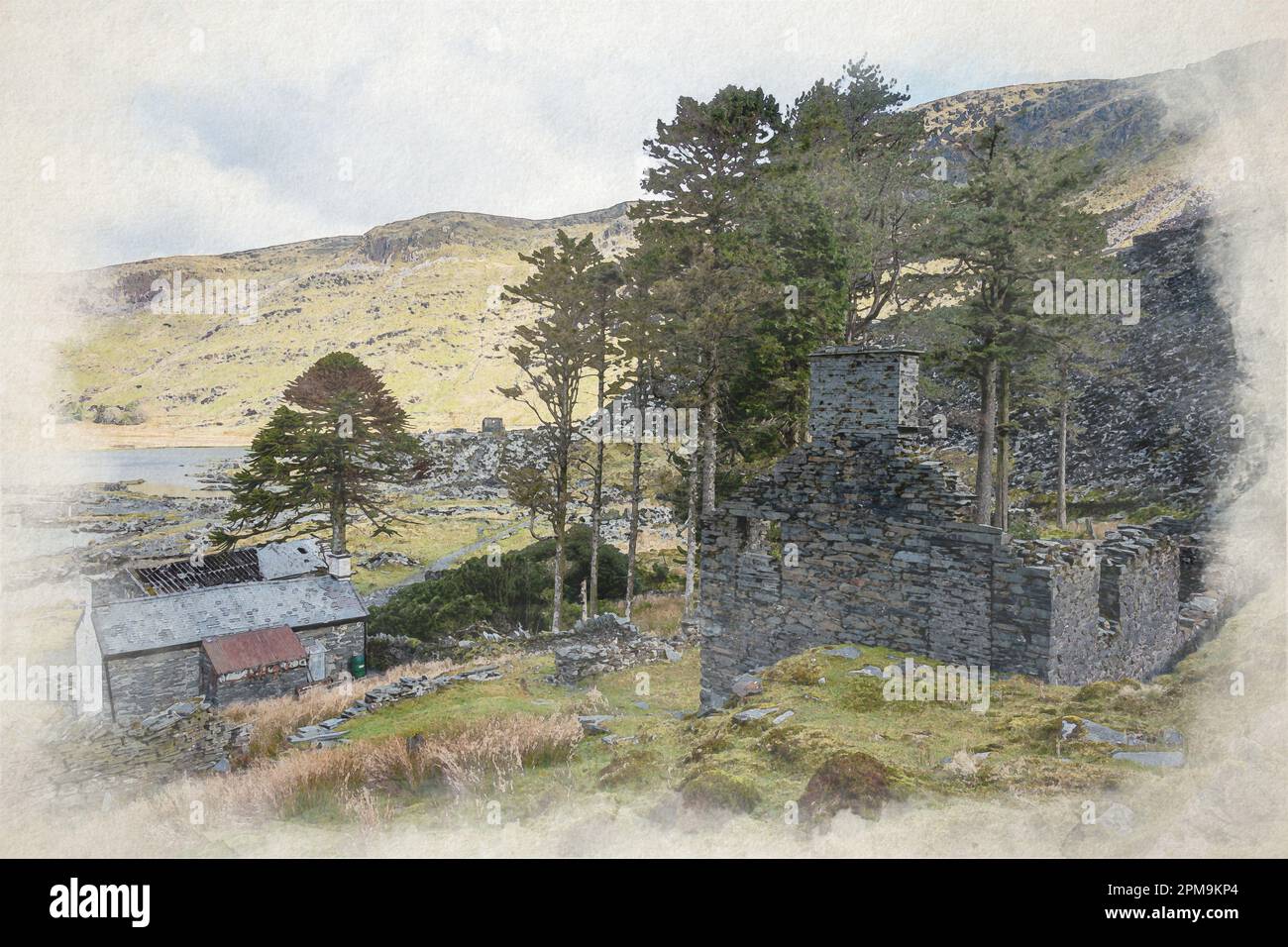 Digital watercolor painting of the abandoned Cwmorthin slate mine at ...