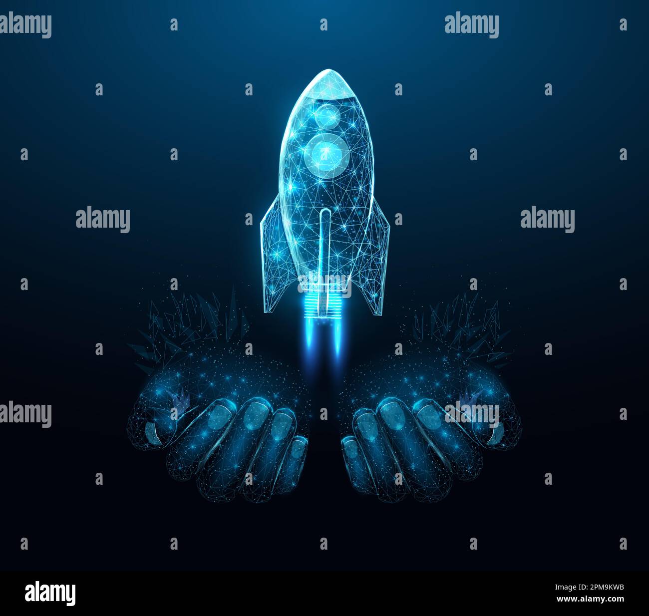 Two human hands are holds rocket. Internet technology network, business ...