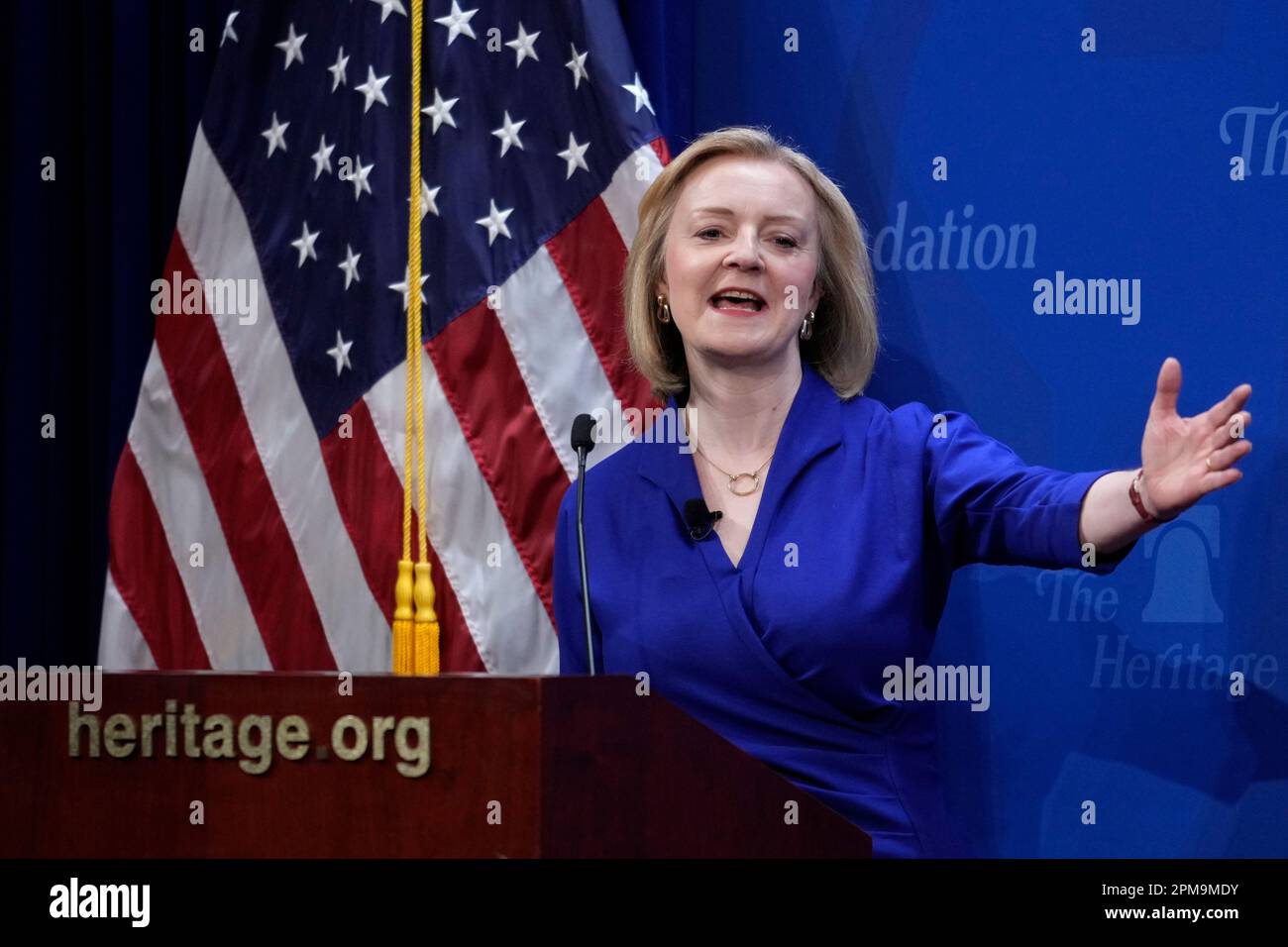 Former British Prime Minister Liz Truss delivers the 2023 Margaret ...