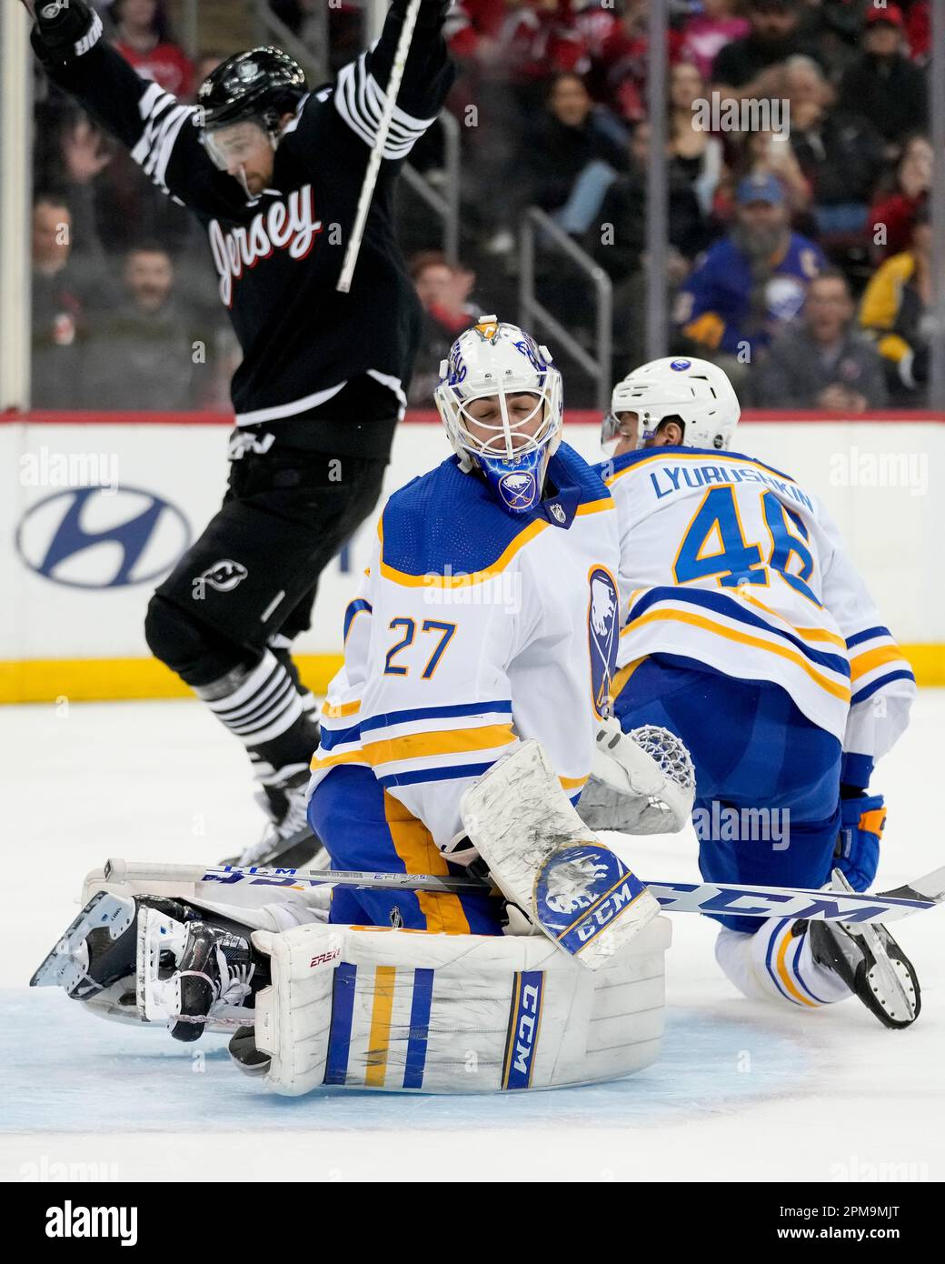 Buffalo Sabres goaltender Devon Levi (27) reacts after giving up a goal ...