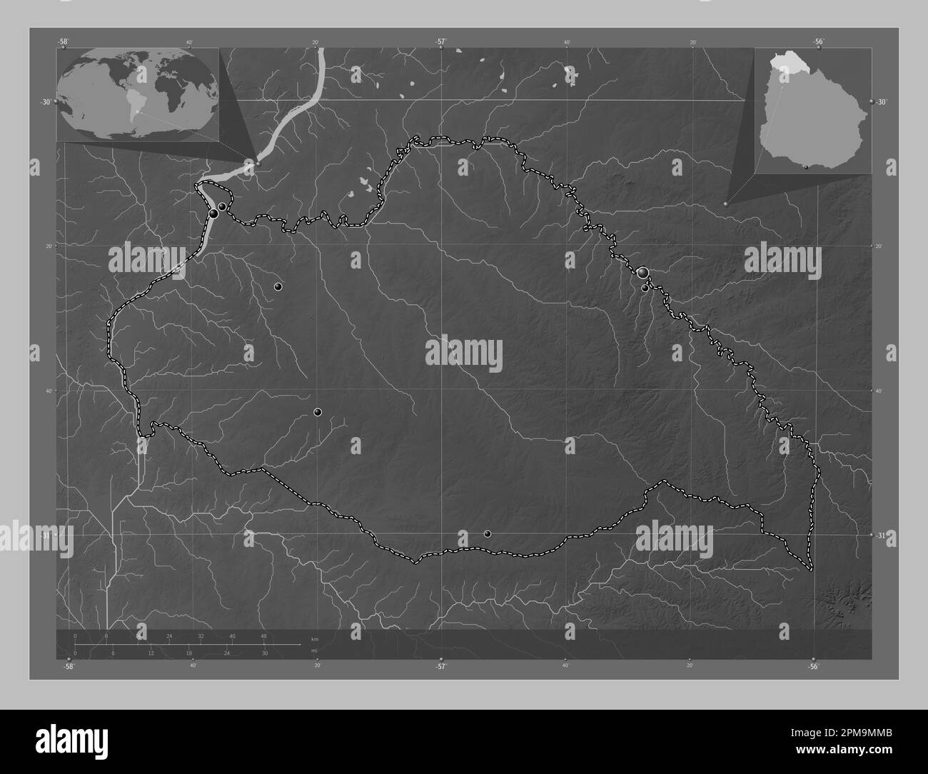 Artigas, department of Uruguay. Grayscale elevation map with lakes and ...