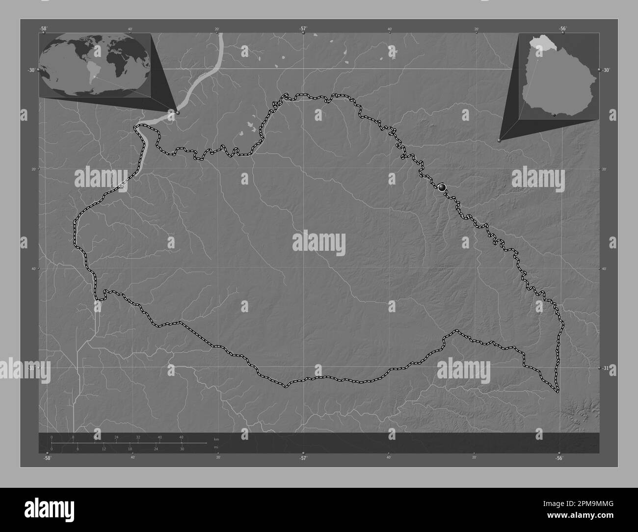 Artigas, department of Uruguay. Bilevel elevation map with lakes and ...