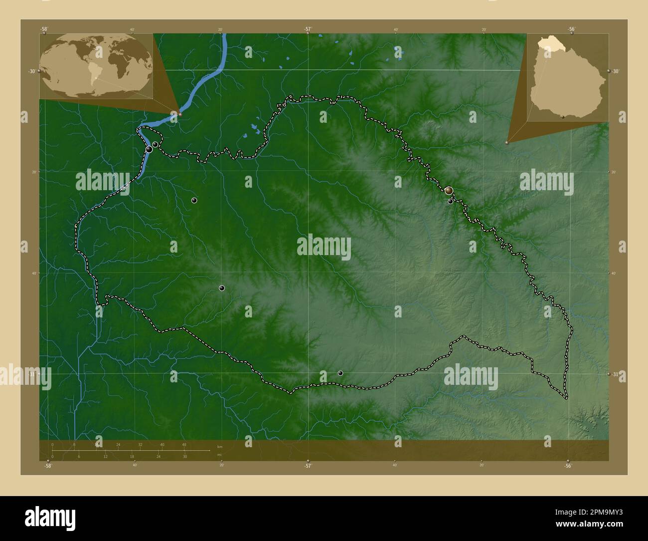Artigas, department of Uruguay. Colored elevation map with lakes and ...