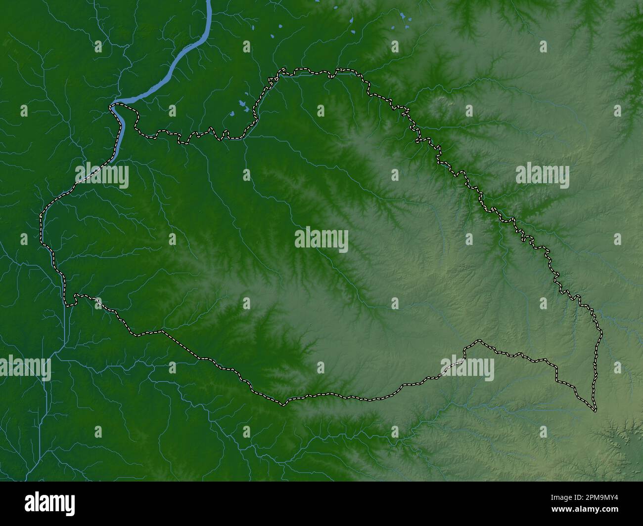 Artigas, department of Uruguay. Colored elevation map with lakes and ...