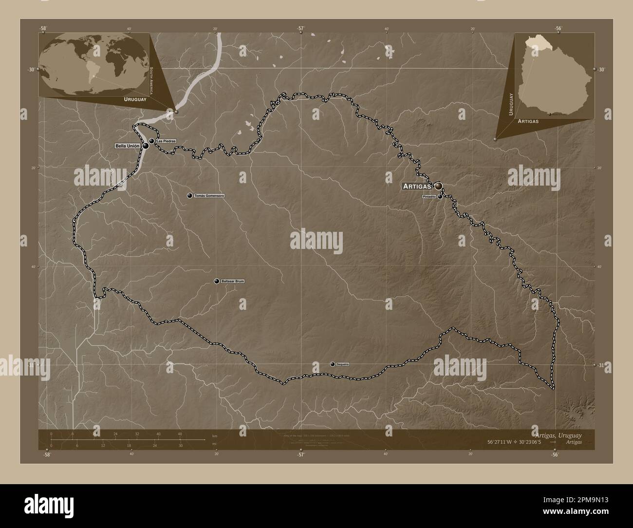 Artigas, department of Uruguay. Elevation map colored in sepia tones ...