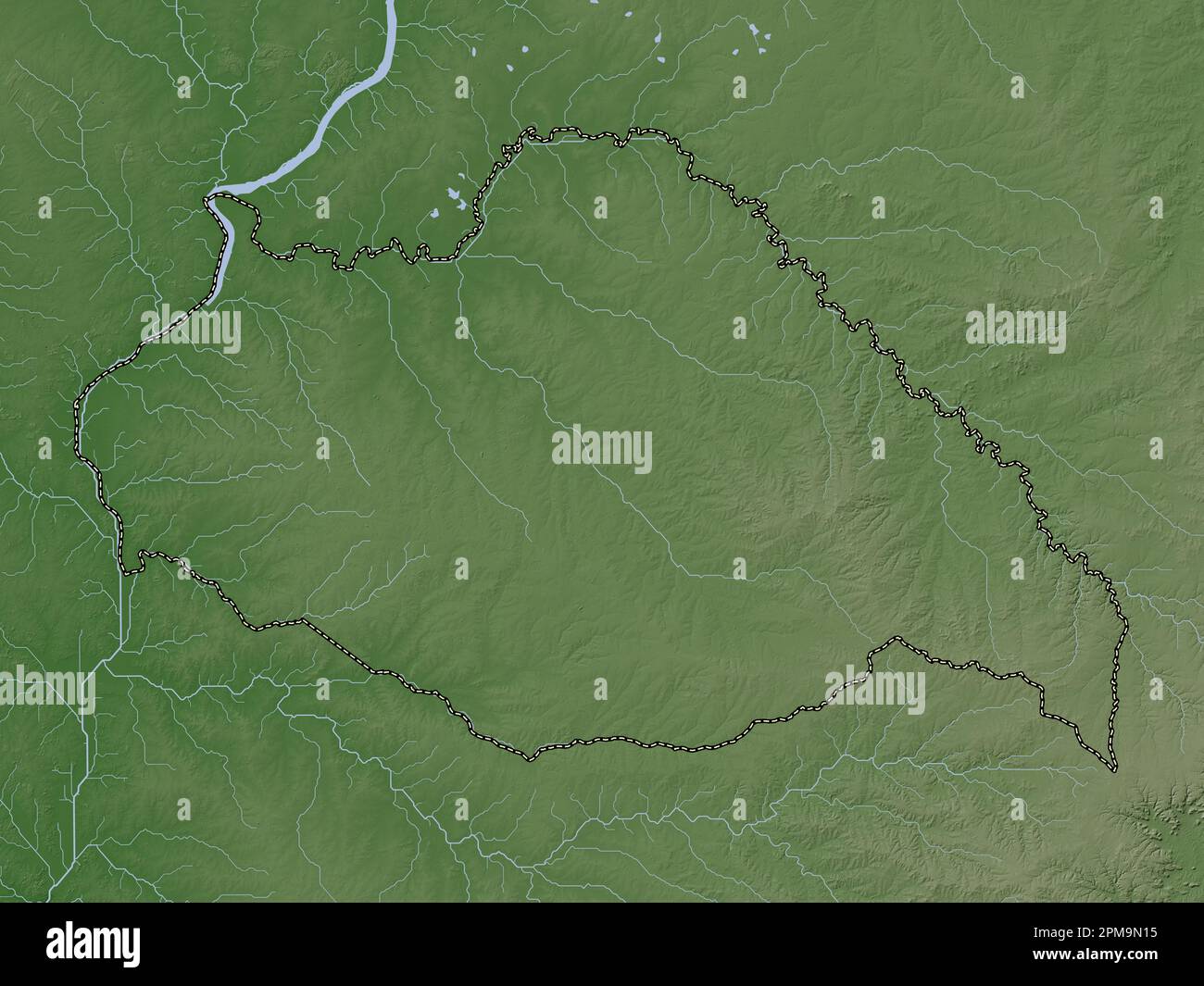 Artigas, department of Uruguay. Elevation map colored in wiki style with lakes and rivers Stock ...
