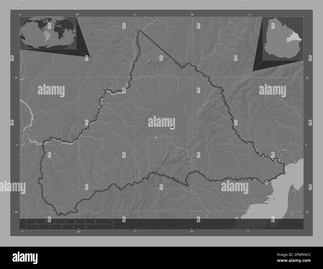 Cerro Largo, department of Uruguay. Bilevel elevation map with lakes ...