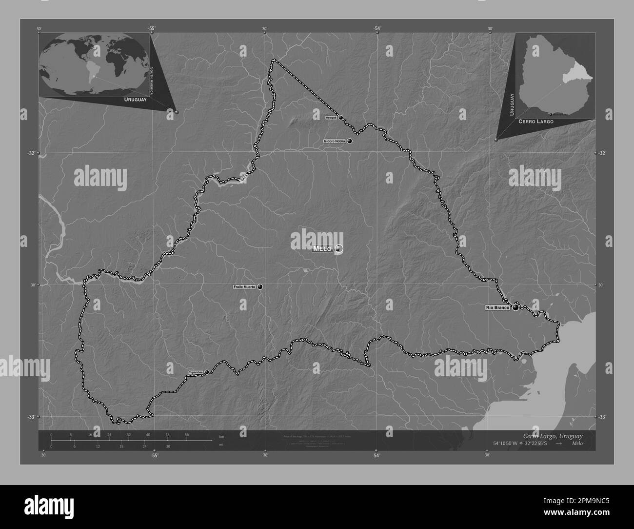 Cerro Largo, department of Uruguay. Bilevel elevation map with lakes ...