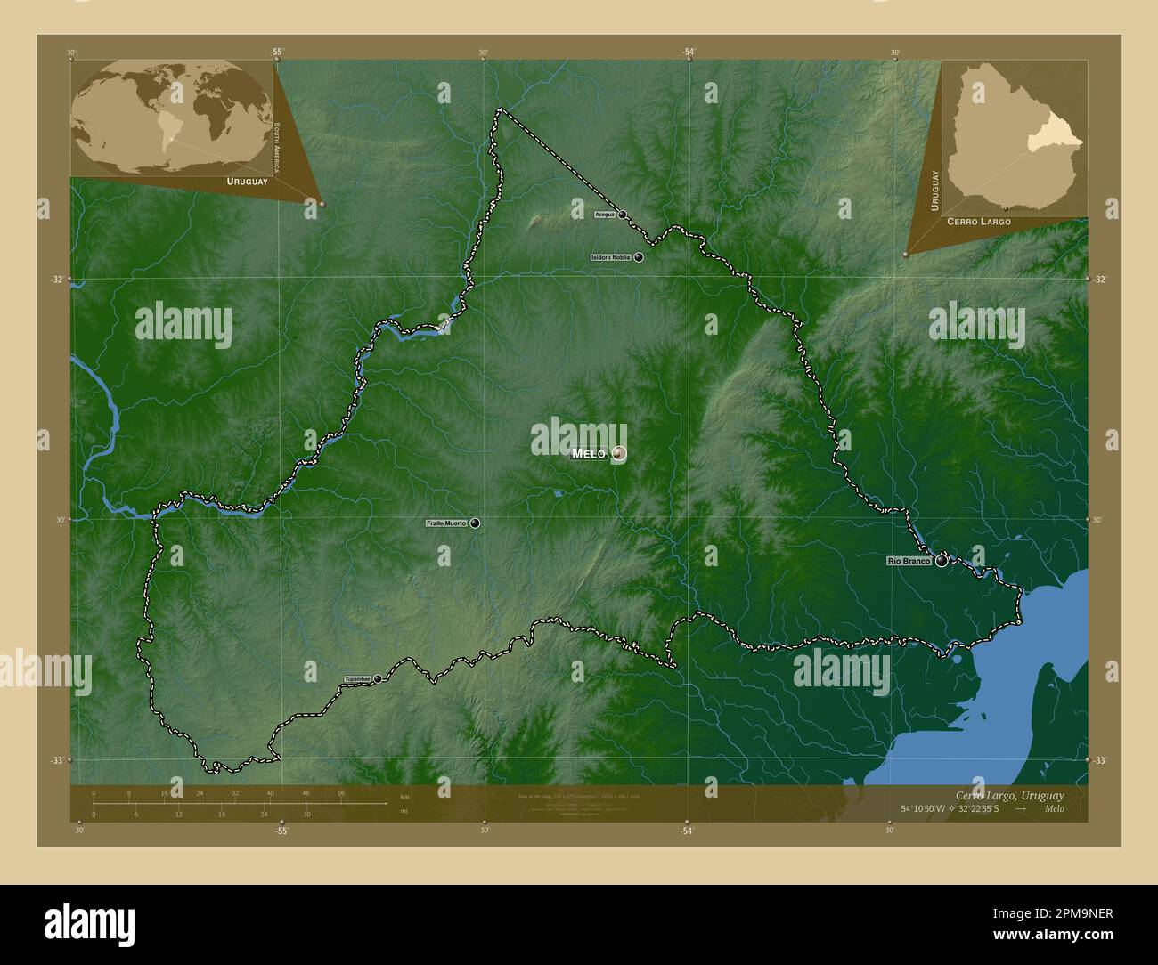 Cerro Largo, department of Uruguay. Colored elevation map with lakes ...