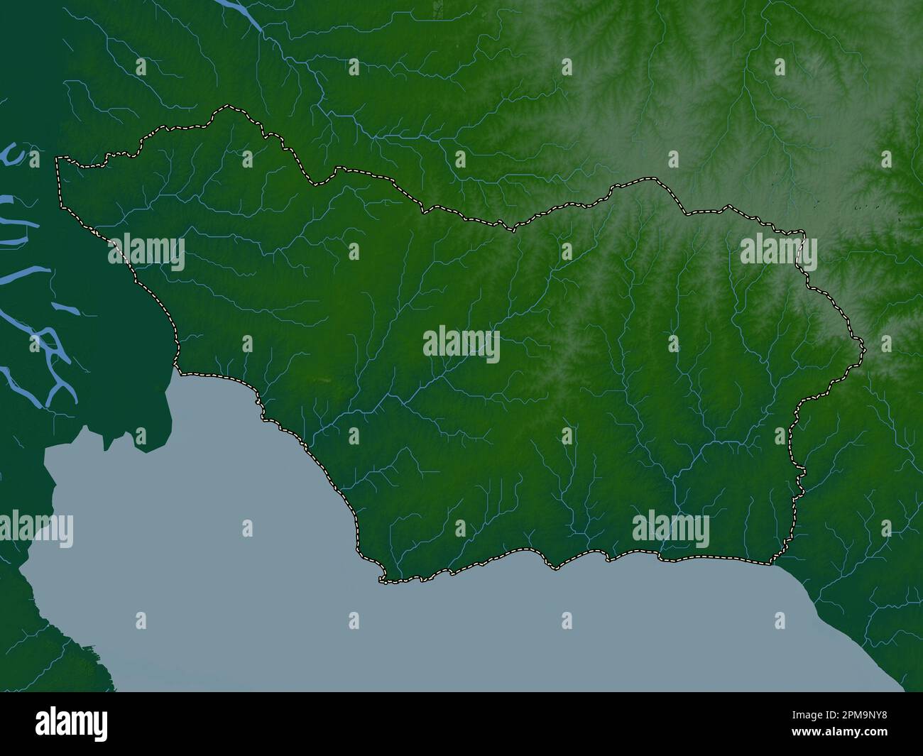 Colonia, department of Uruguay. Colored elevation map with lakes and ...