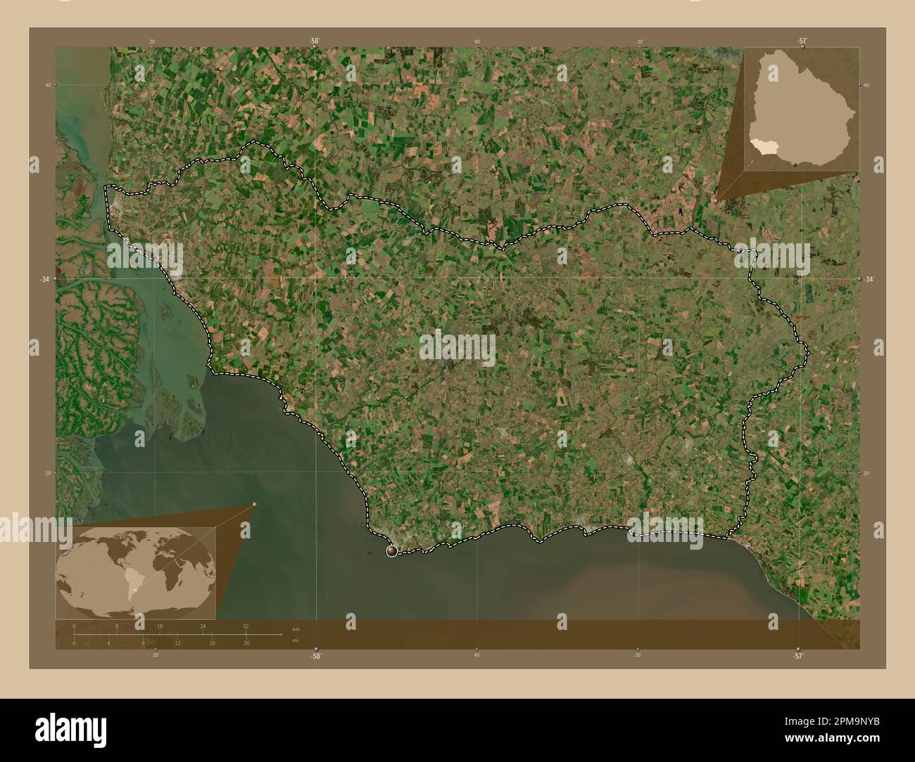 Colonia, department of Uruguay. Low resolution satellite map. Corner ...