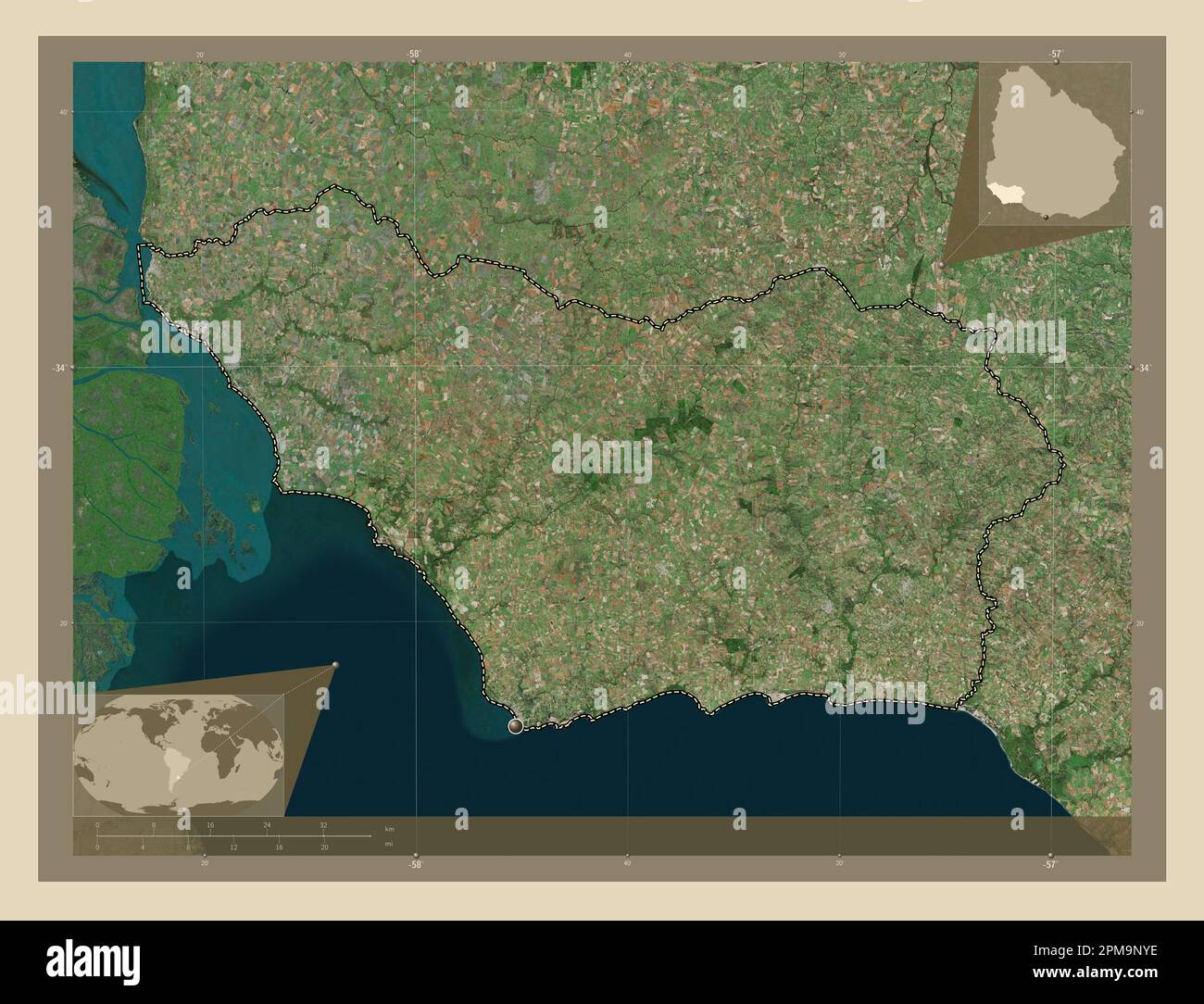 Colonia, department of Uruguay. High resolution satellite map. Corner ...