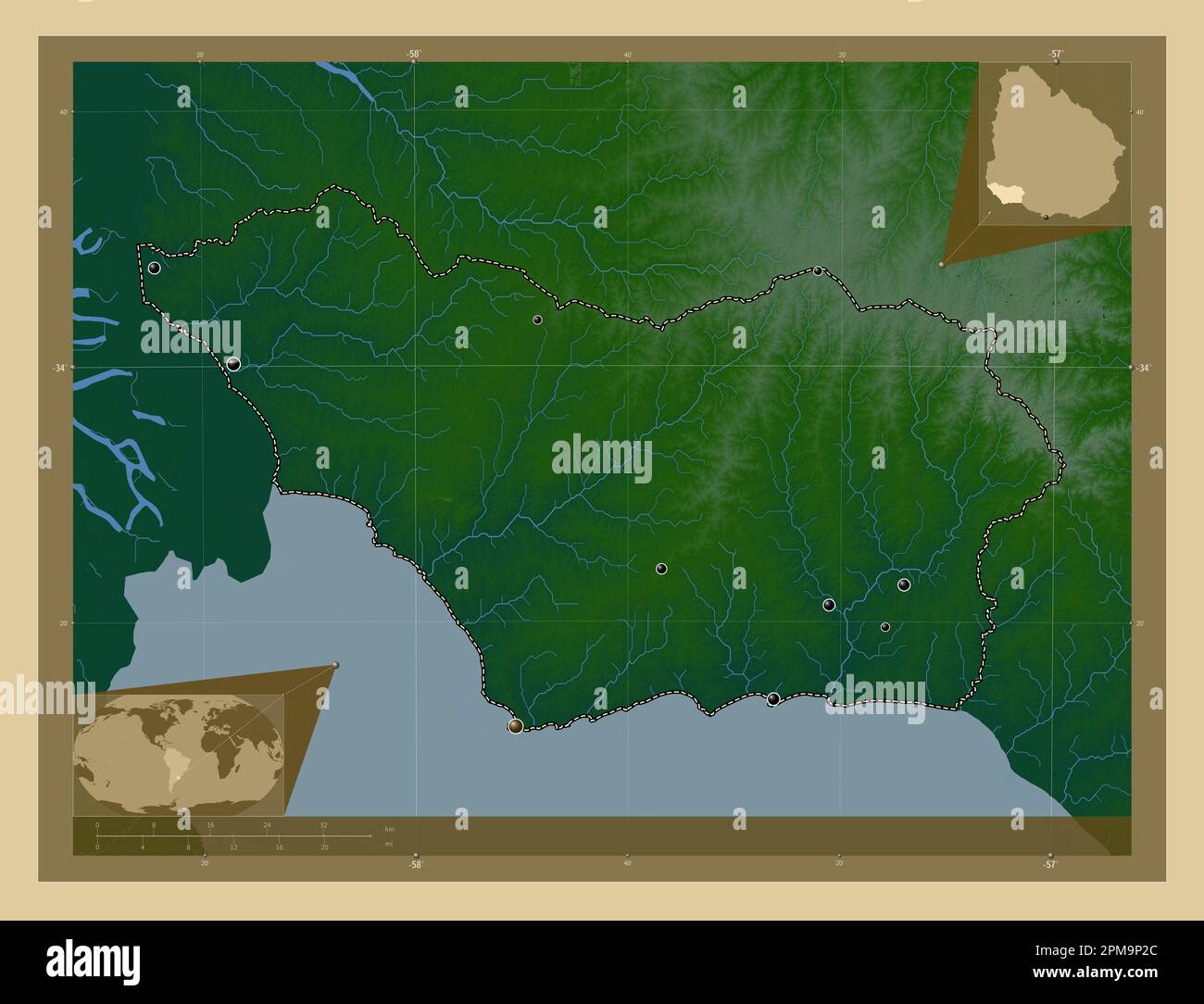 Colonia, department of Uruguay. Colored elevation map with lakes and ...