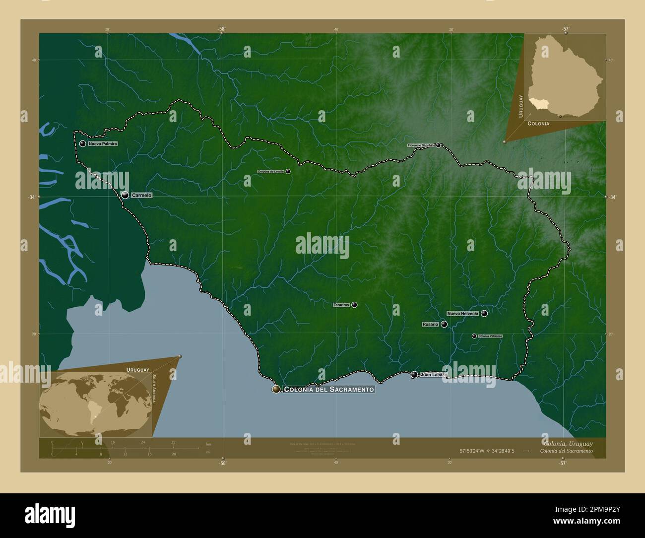 Colonia, department of Uruguay. Colored elevation map with lakes and ...