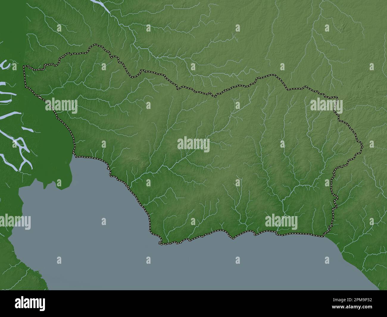 Colonia, department of Uruguay. Elevation map colored in wiki style with lakes and rivers Stock ...