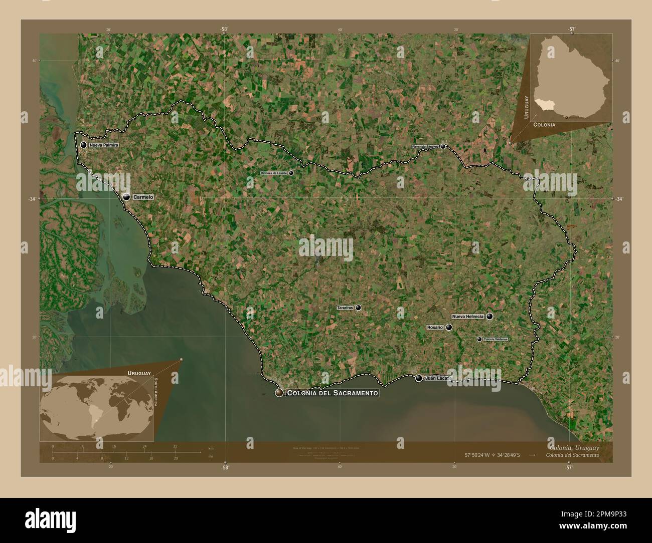 Colonia, department of Uruguay. Low resolution satellite map. Locations ...