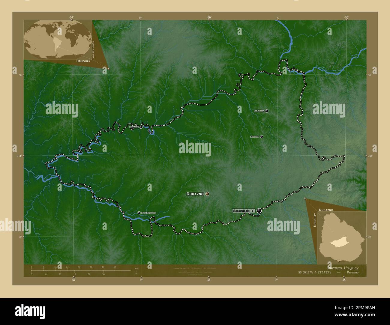 Durazno, department of Uruguay. Colored elevation map with lakes and ...