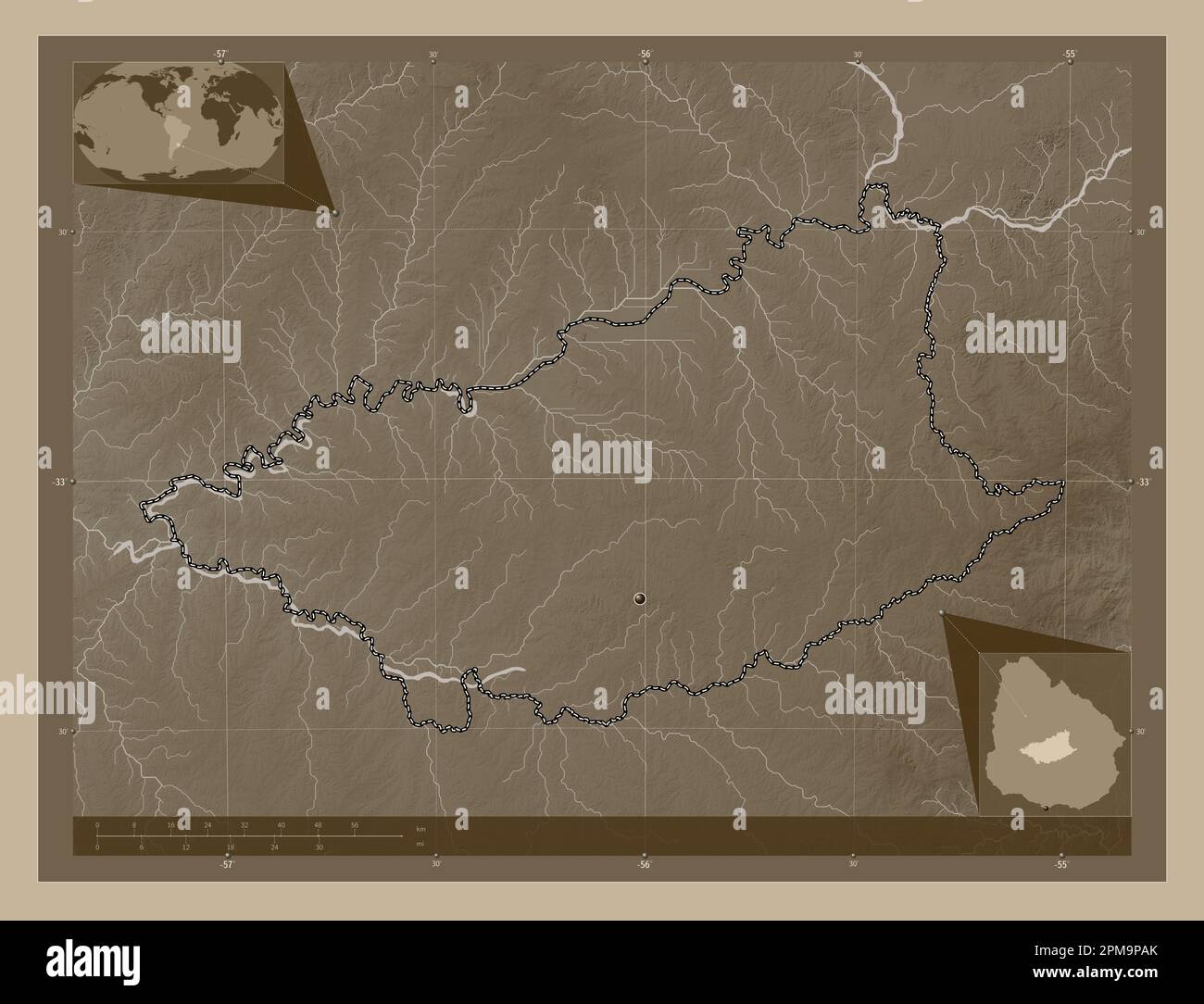 Durazno, department of Uruguay. Elevation map colored in sepia tones ...