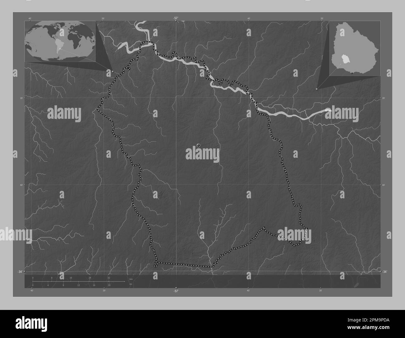 Flores, department of Uruguay. Grayscale elevation map with lakes and ...