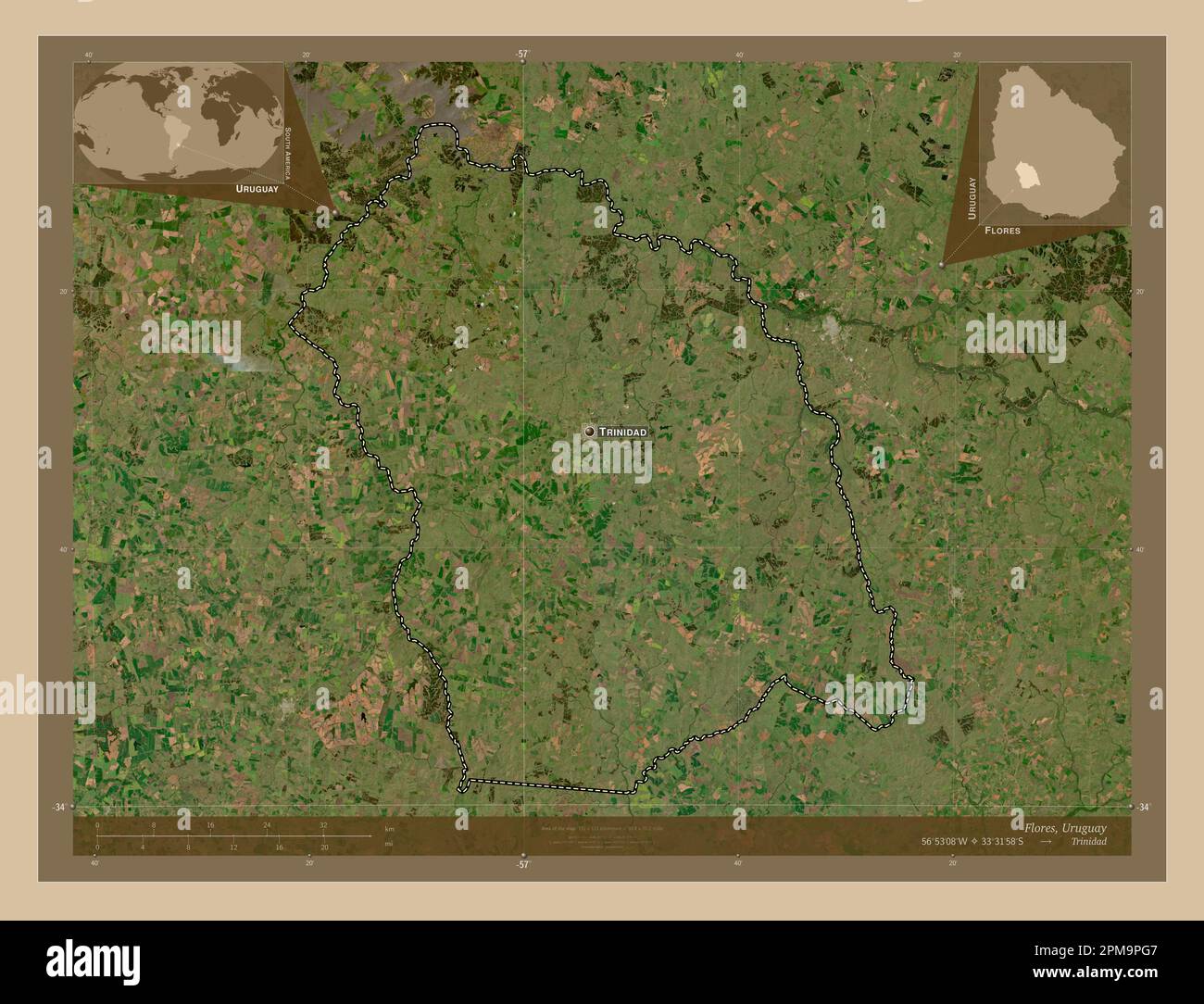Flores, department of Uruguay. Low resolution satellite map. Locations ...