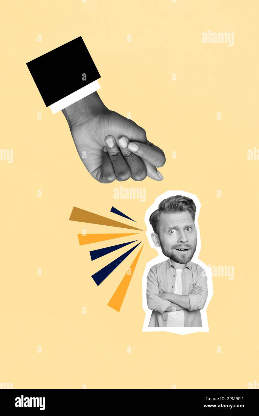 Vertical collage portrait of black white gamma arm demonstrate fig deny ...