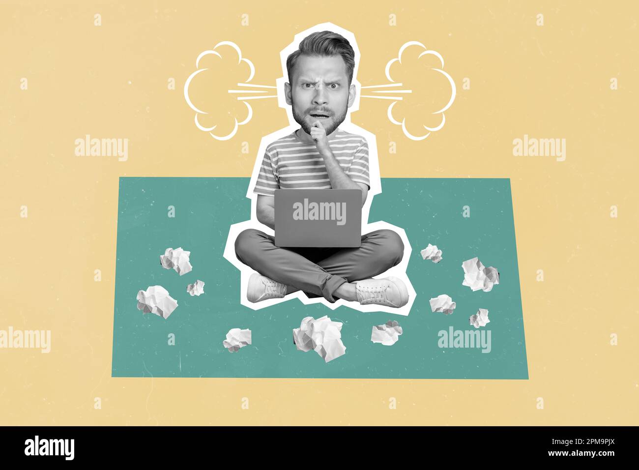 Creative collage picture of black white gamma guy big head contemplate ...