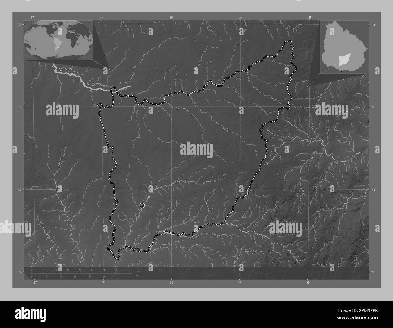 Florida, department of Uruguay. Grayscale elevation map with lakes and ...