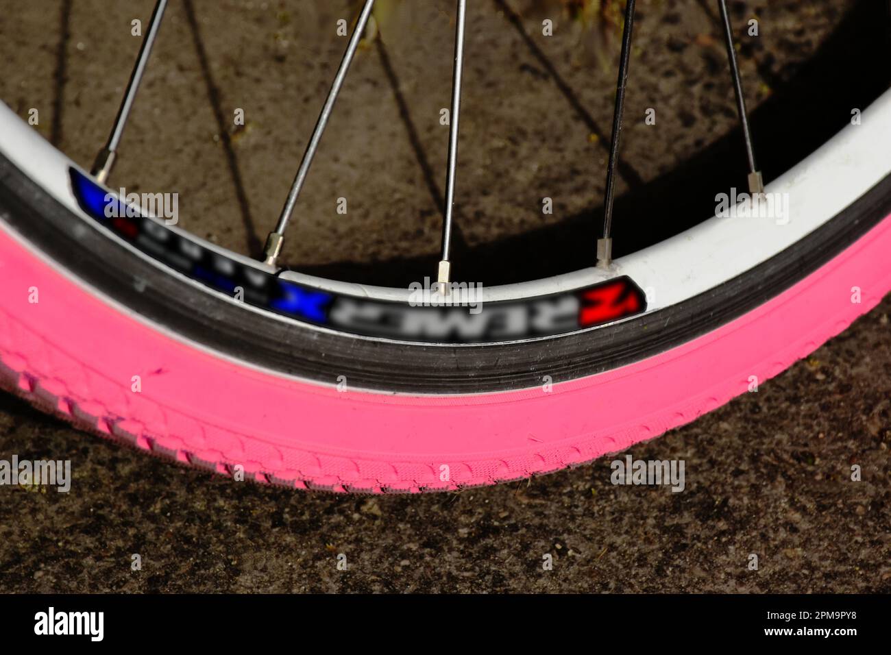 Pink color rubber bicycle tire closeup. Thin racing bike wheel detail ...