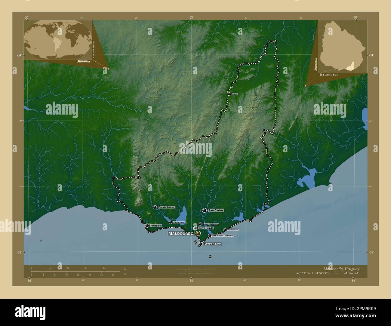 Maldonado, department of Uruguay. Colored elevation map with lakes and ...