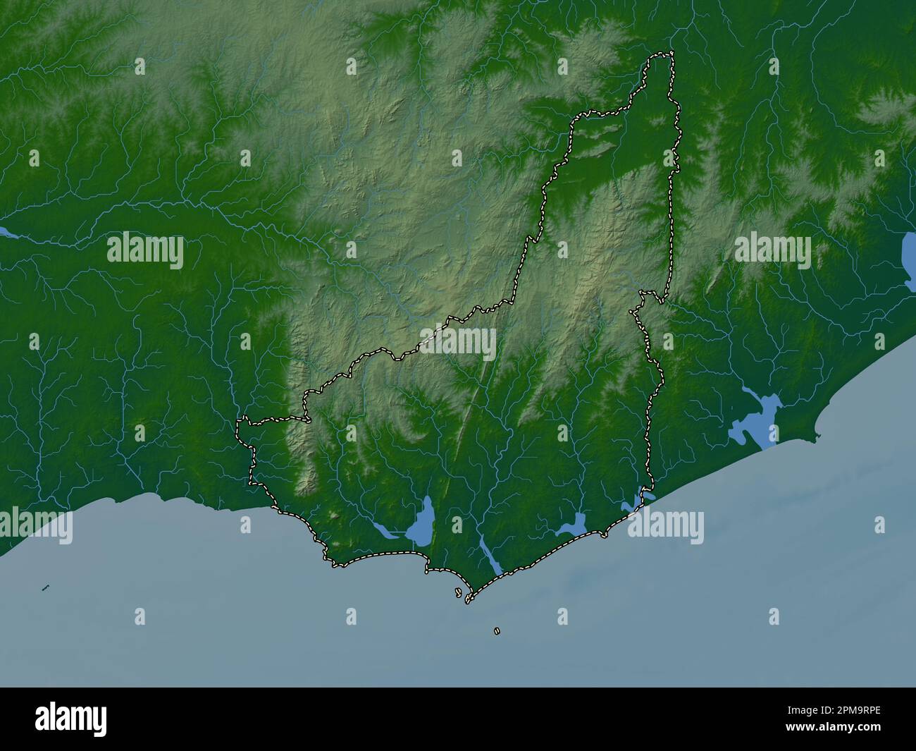 Maldonado, department of Uruguay. Colored elevation map with lakes and ...