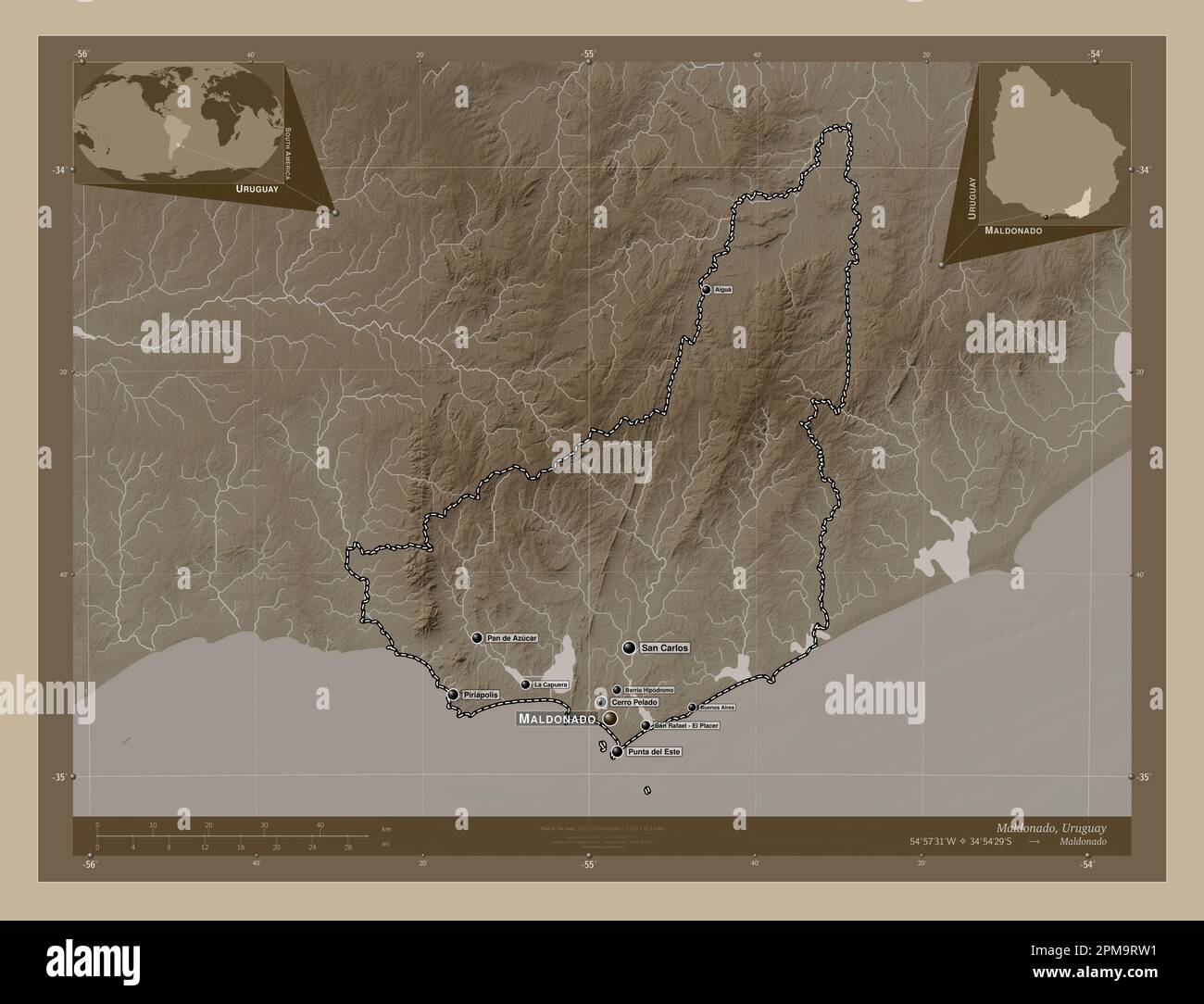 Maldonado, department of Uruguay. Elevation map colored in sepia tones ...