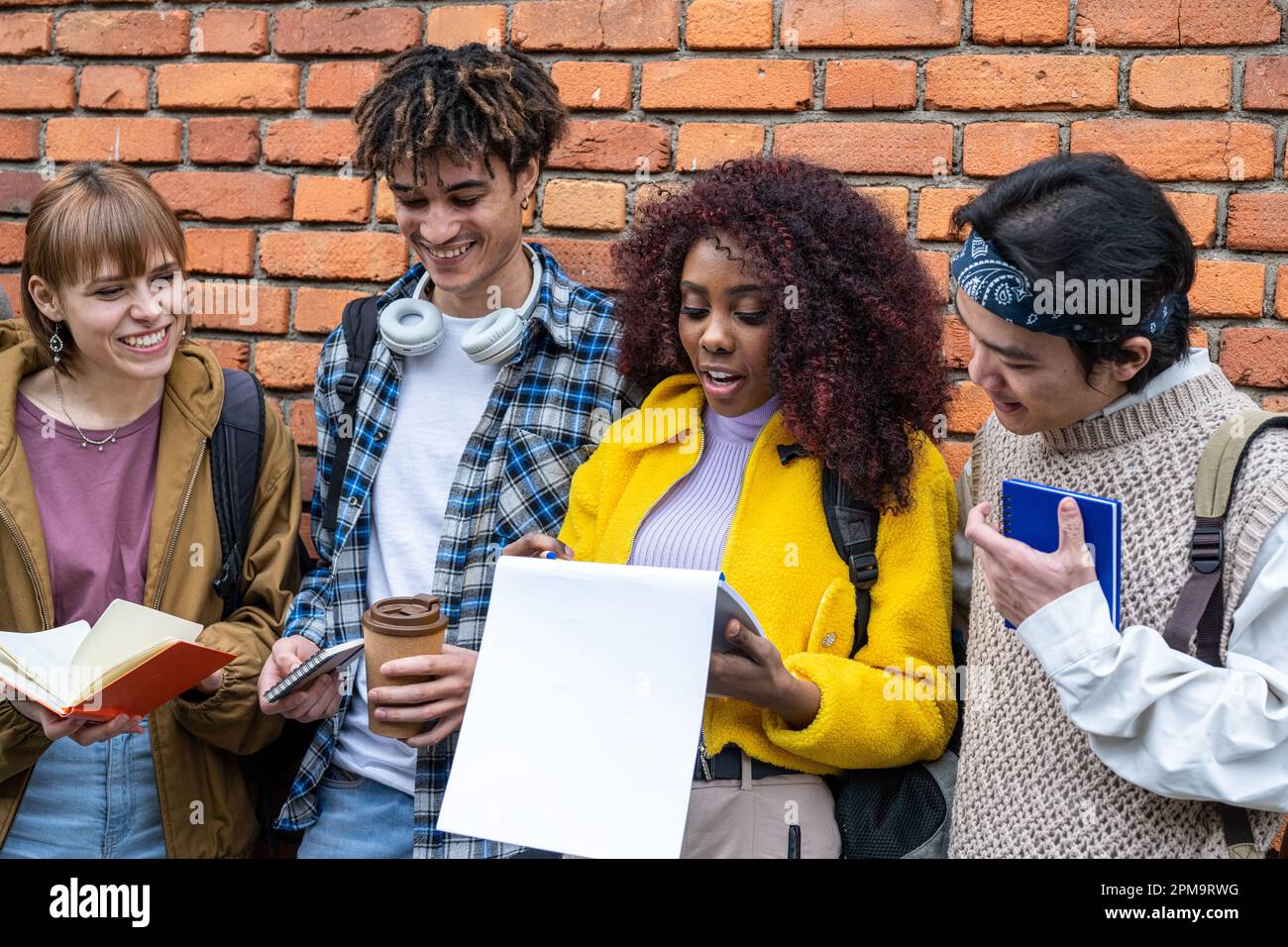 Multiracial group of young students concern notes on the lesson just ...