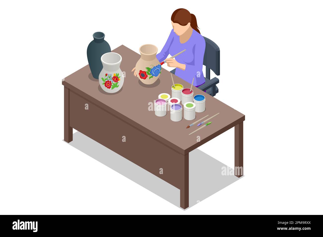 Isometric Pottery workshop. Ceramist person painting handmade crockery ...