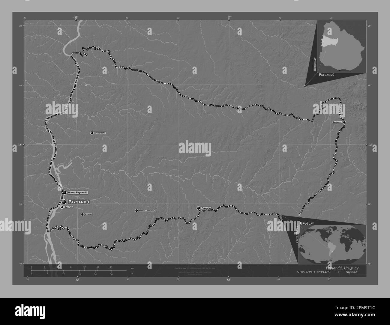 Paysandu, department of Uruguay. Bilevel elevation map with lakes and ...