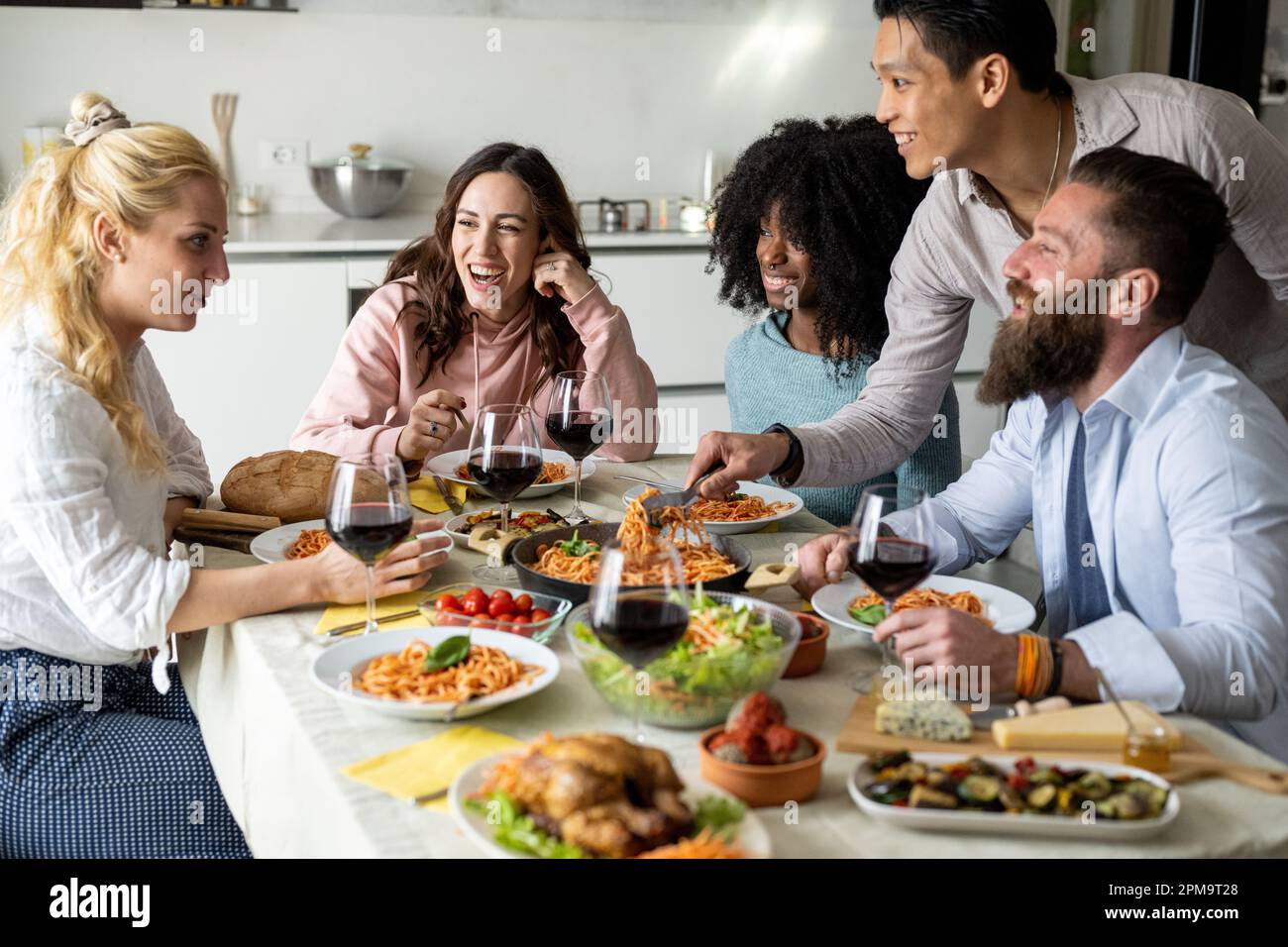 Friends gathering having Italian food together,family reunion and ...