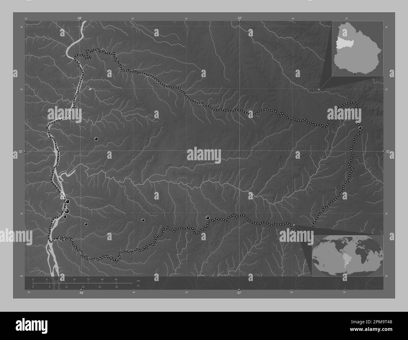 Paysandu, department of Uruguay. Grayscale elevation map with lakes and ...